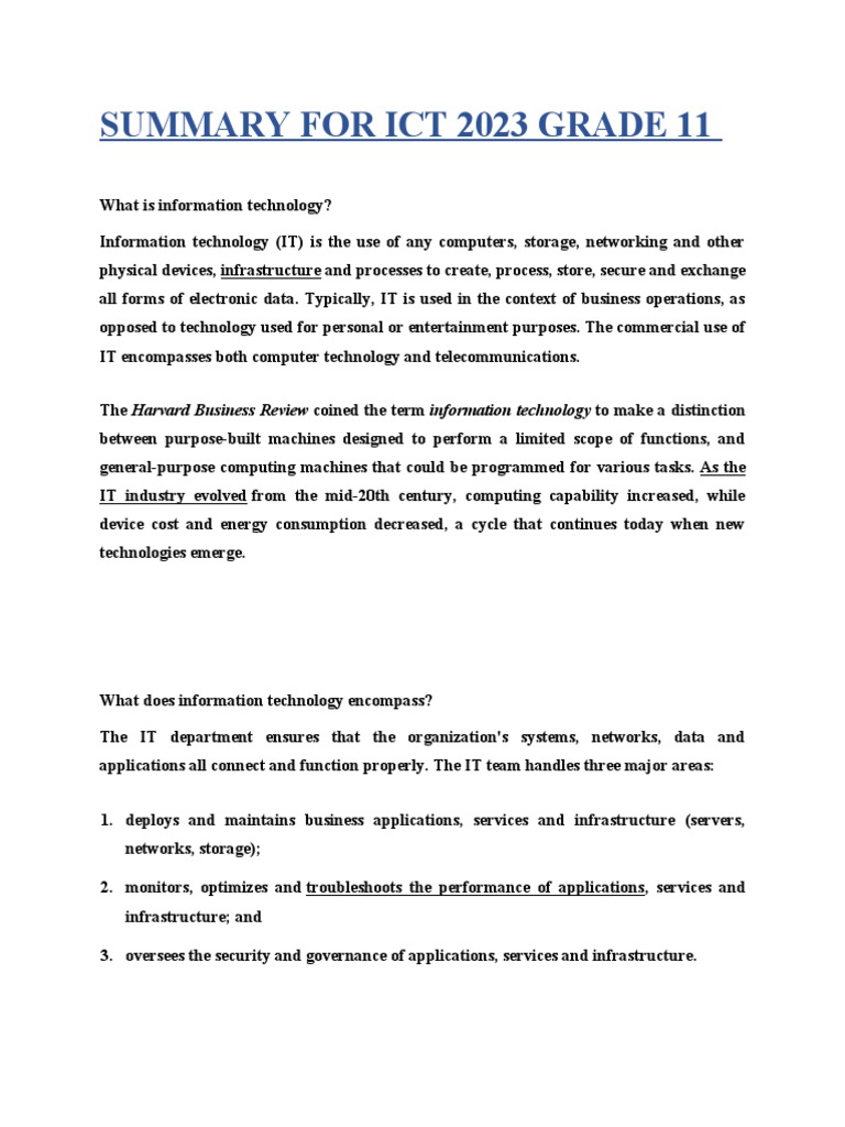Summary For Ict 2023 Grade 11 | PDF | Information Technology | Cloud Computing
