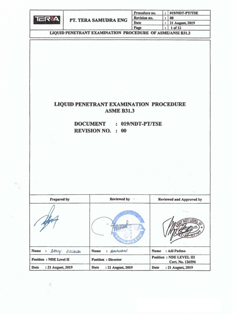 019-NDT - TSE - PT - ASME B31.3 - 19 - Penetrant, REV 00 | PDF | Chemistry | Materials