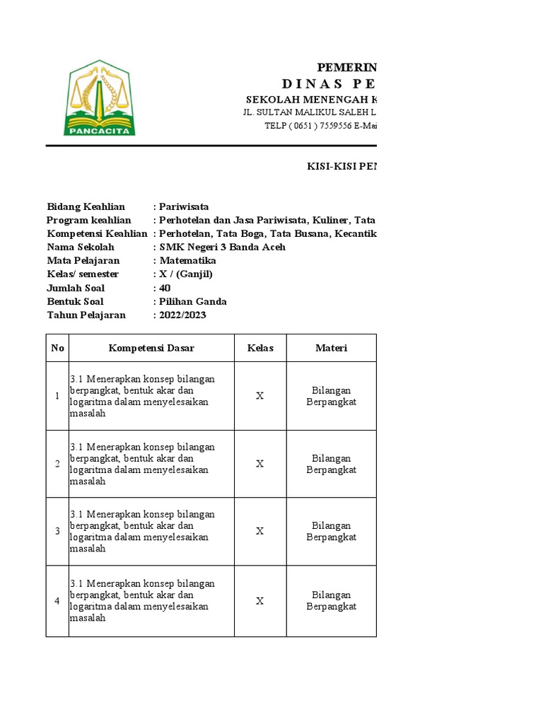 Kisi2 Uas MTK Kls X Ta.2022-2023 | PDF