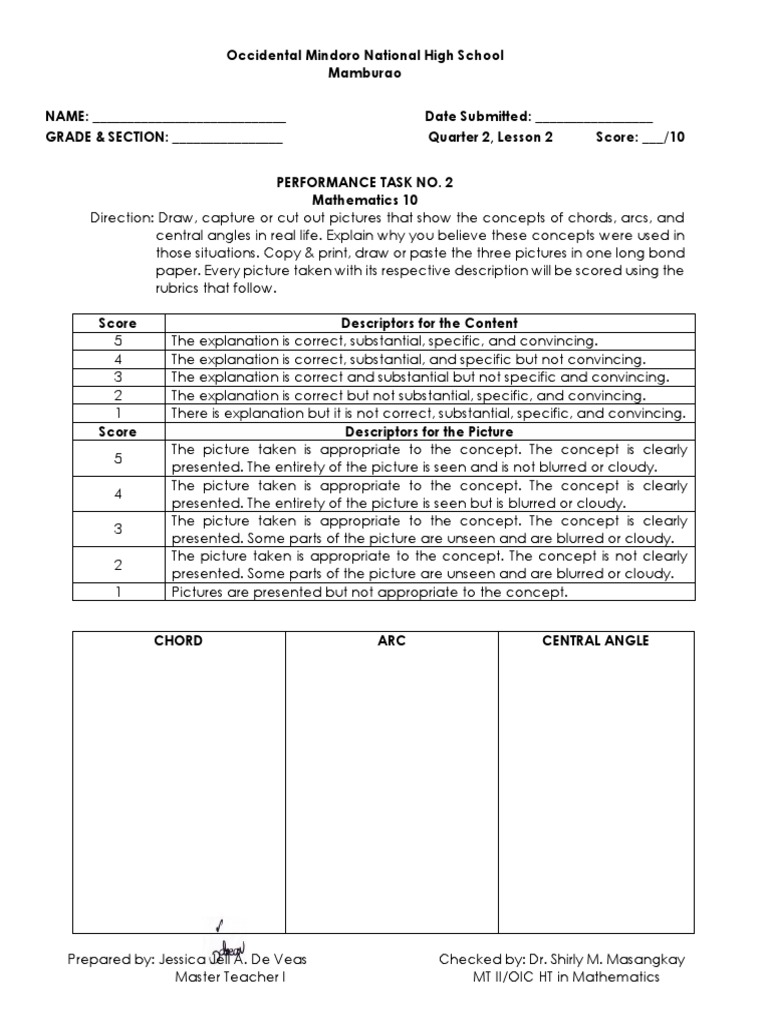 Performance Task No. 2-Arc, Chord and Central Angles | Download Free PDF | Cognition