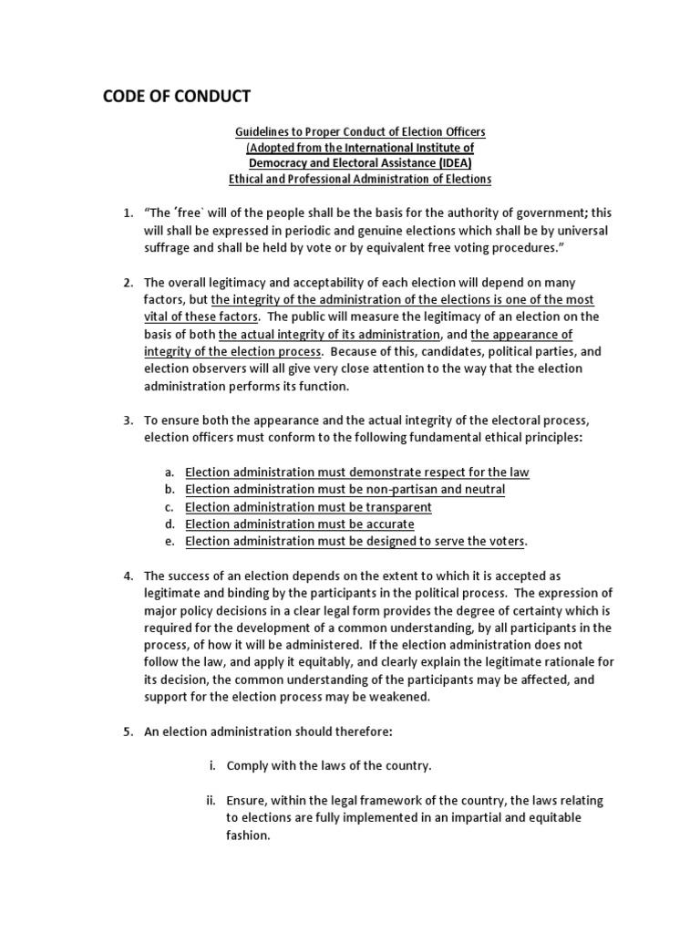 Code Conduct Pdf Elections Legitimacy Political 