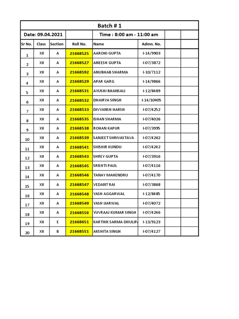 Class XII Student Batch List | PDF