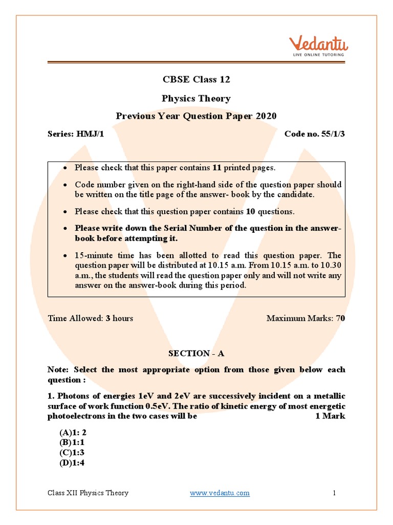 CBSE Class 12 Physics Question Paper 2020 | PDF | P–N Junction ...