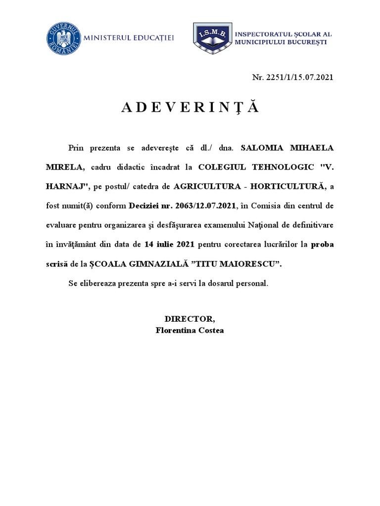 Model Adeverinta 2020 | PDF