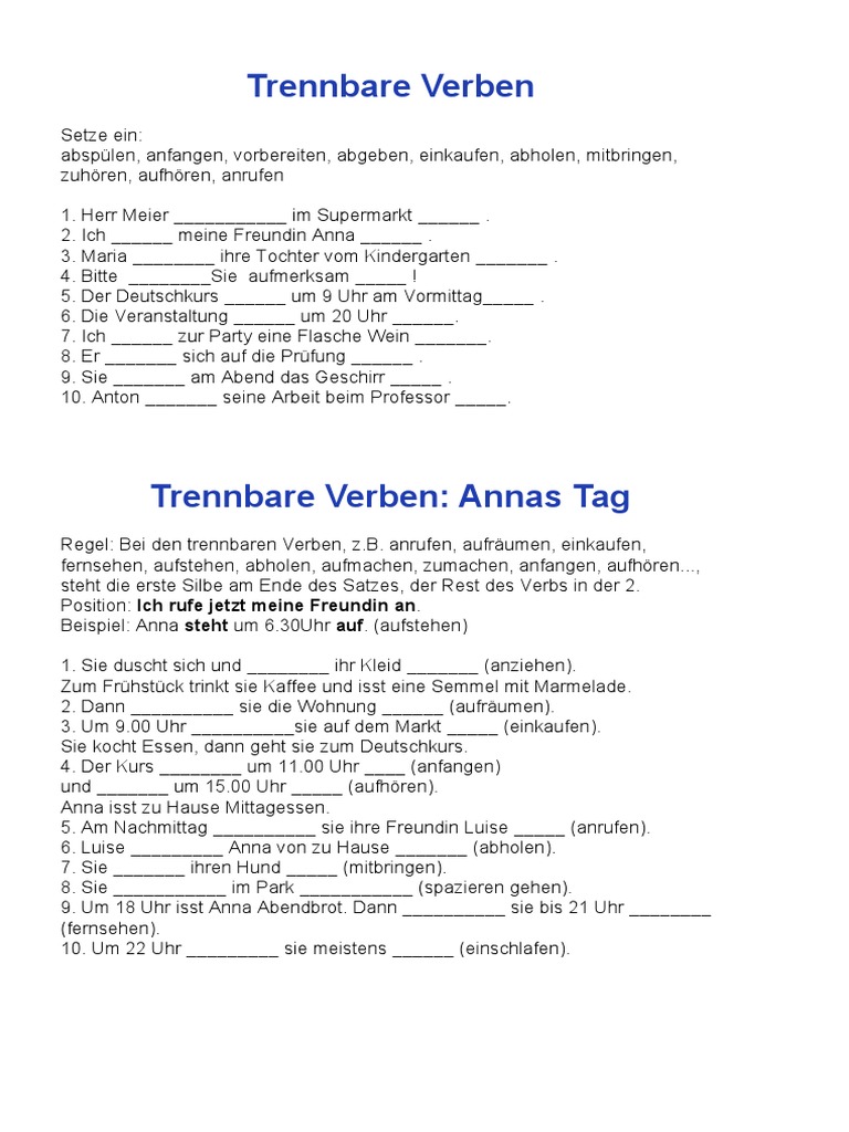 Trennbare Verben Übungen | PDF