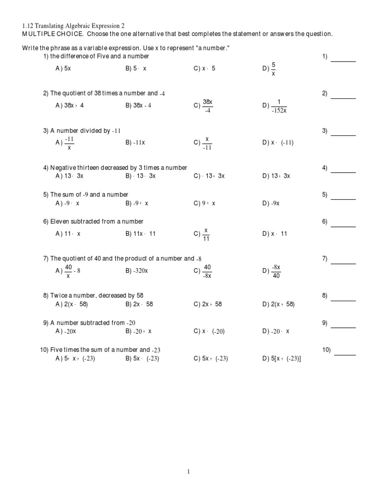 Translating Algebraic Expressions Worksheet | PDF | Numbers | Mathematics