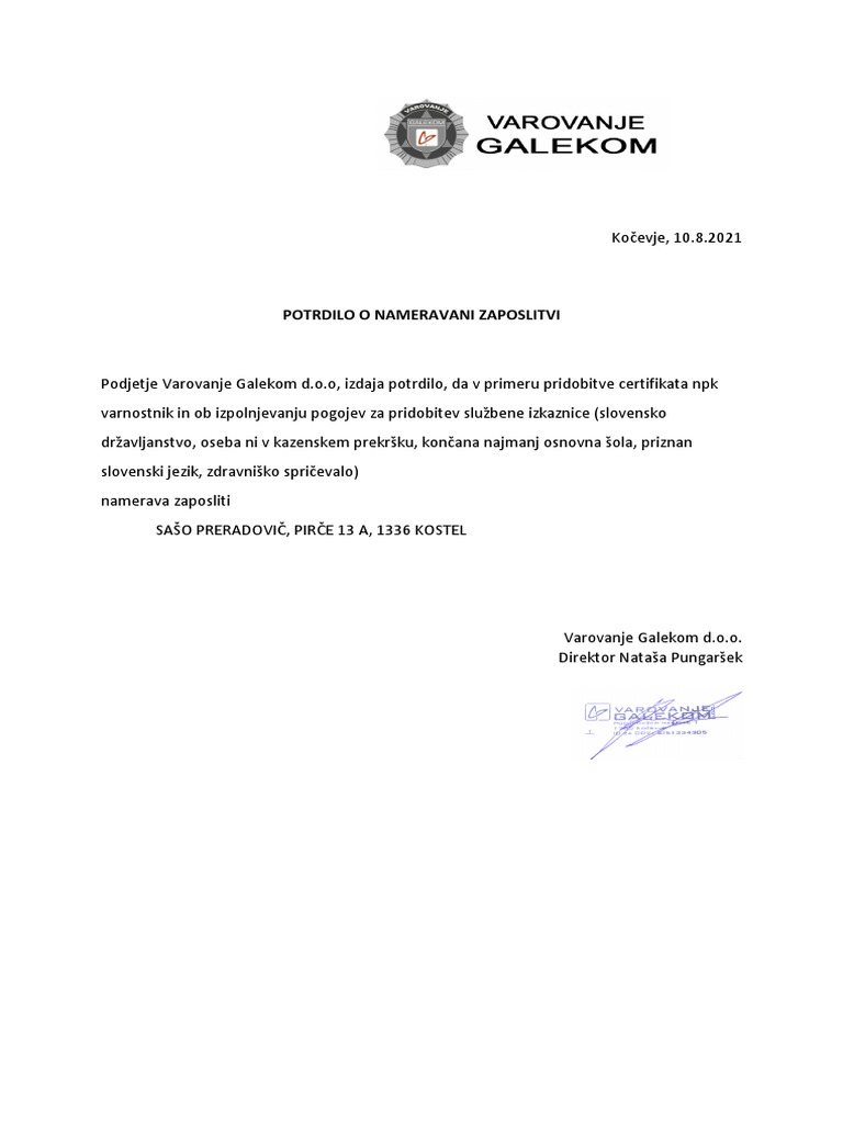 Potrdilo o Nameravani Zaposlitvi PRERADOVIČ | PDF