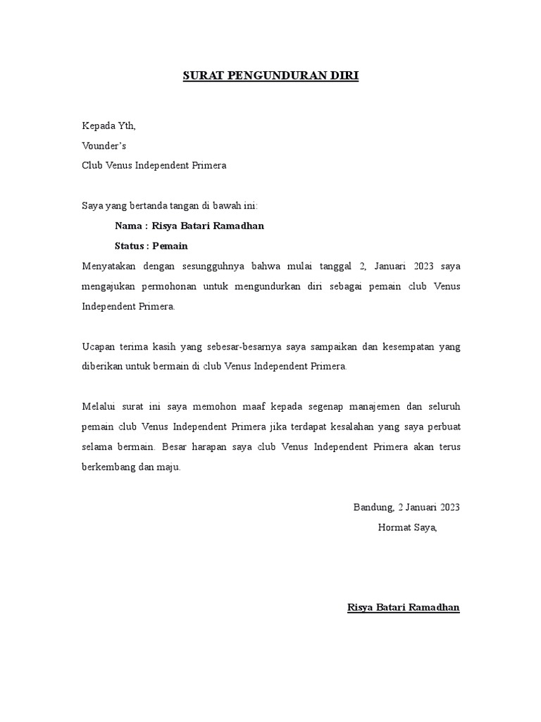 Surat Pengunduran Diri Vip 1 | PDF
