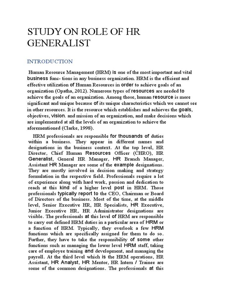 Study On Role of HR Generalist PDF 3 | PDF | Human Resource Management | Employment