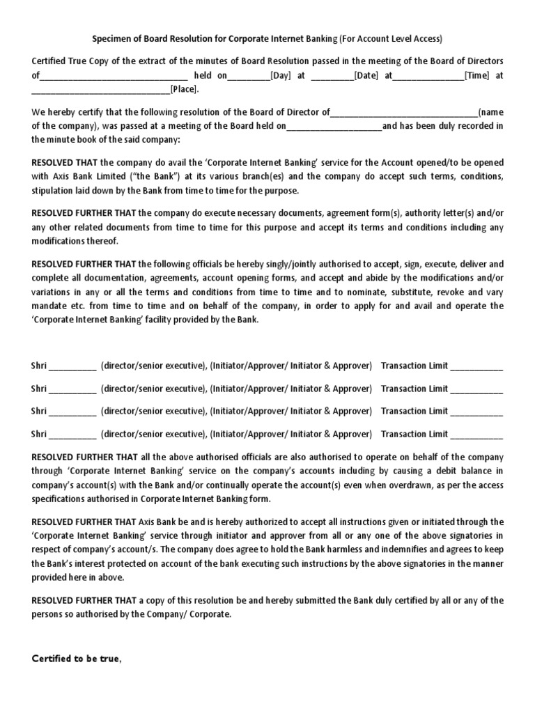Board Resolution Format For Corporate Internet Banking | PDF | Banks ...
