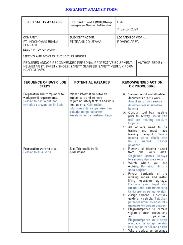 Job Safety Analysis Lifting and Installation Enclosure Genset | PDF | Working Conditions ...