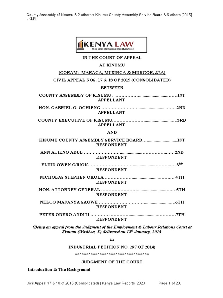 Kisumu County Assembly Appeal Judgment | PDF | Jurisdiction | Act Of ...