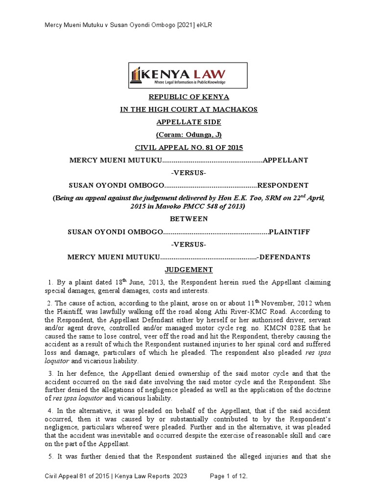 Mercy Mutuku v Susan Ombogo Appeal | PDF | Burden Of Proof (Law ...