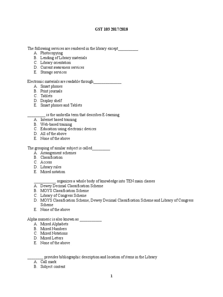 GST 103 POOL OF QuESTIONS | PDF | Libraries | Books