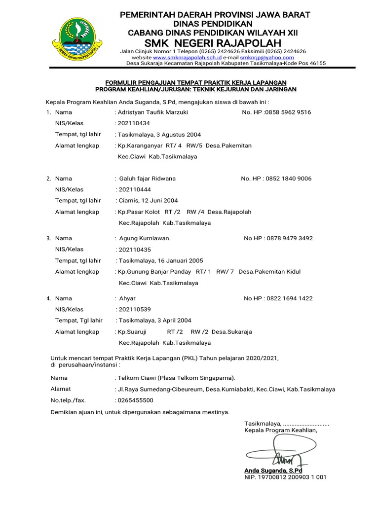 Formulir Pengajuan PKL 2021 TTD | PDF