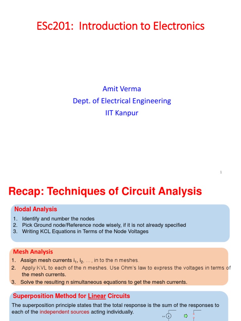 ESc201 Introduction to Electronics Circuit Analysis | PDF | Electrical Network | Electronic Circuits