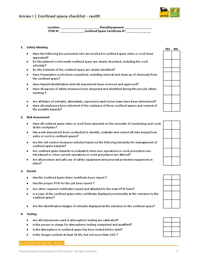 Confined Space Safety Checklist Pdf Risk Assessment Risk