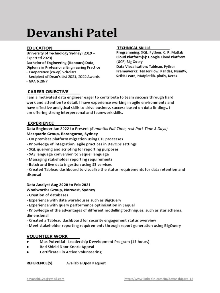 Data Engineer Resume: Devanshi Patel | PDF | Art | Computers
