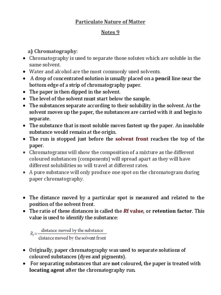 Notes 9 - Particulate Nature of Matter | PDF | Solubility | Chromatography