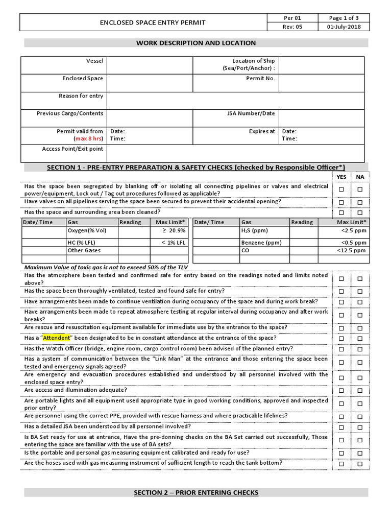 Per 01 - Enclosed Space Entry Permit | Download Free PDF | Pipeline ...