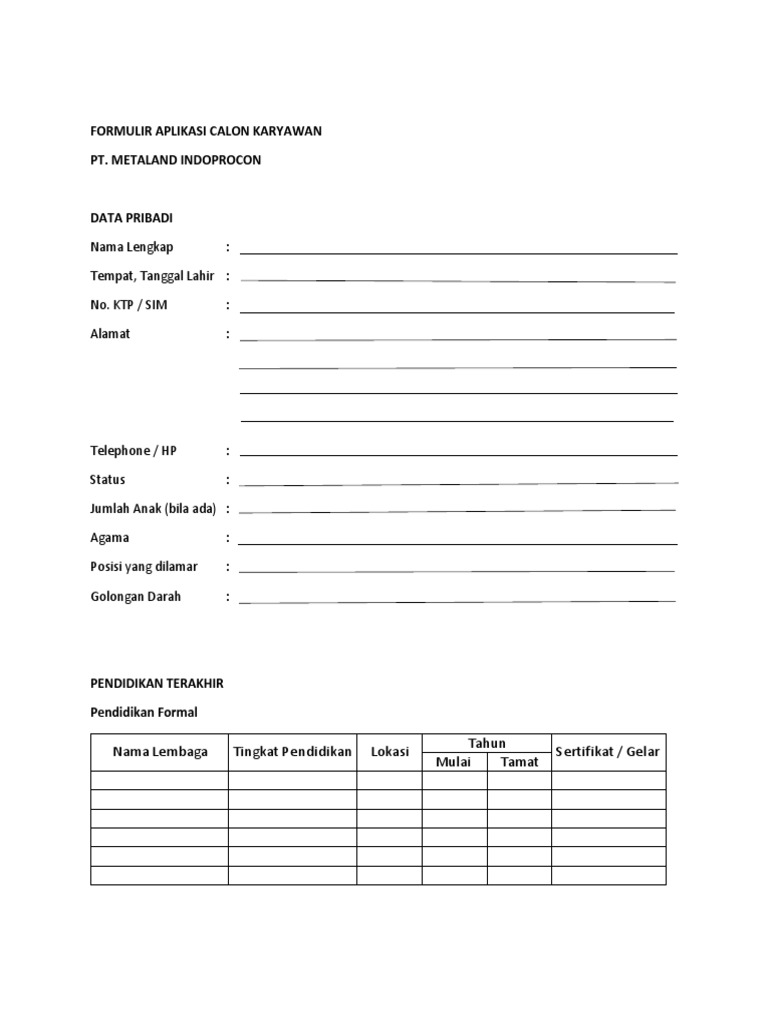 Formulir Aplikasi Calon Karyawan | PDF