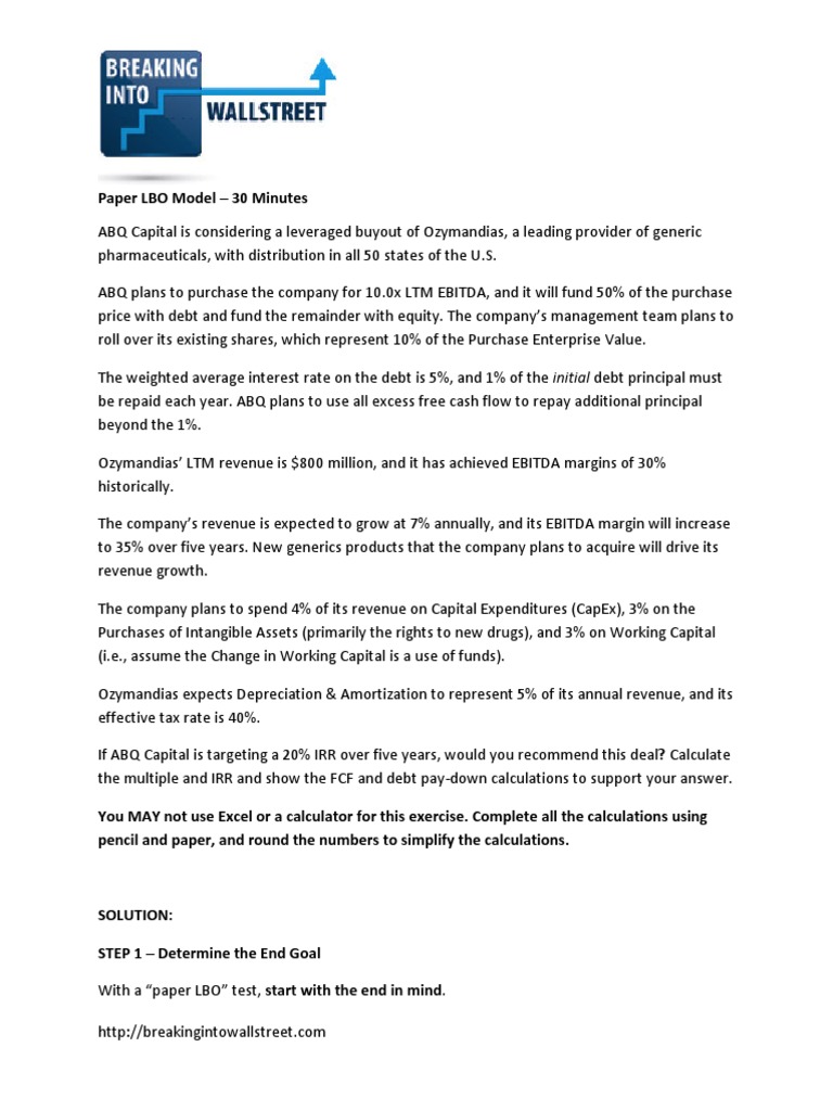 Paper LBO Model Solutions BIWS | Download Free PDF | Free Cash Flow ...