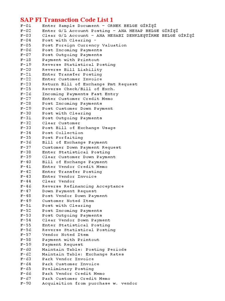 SAP FI Transaction Code List 1 | PDF | Cheque | Payments
