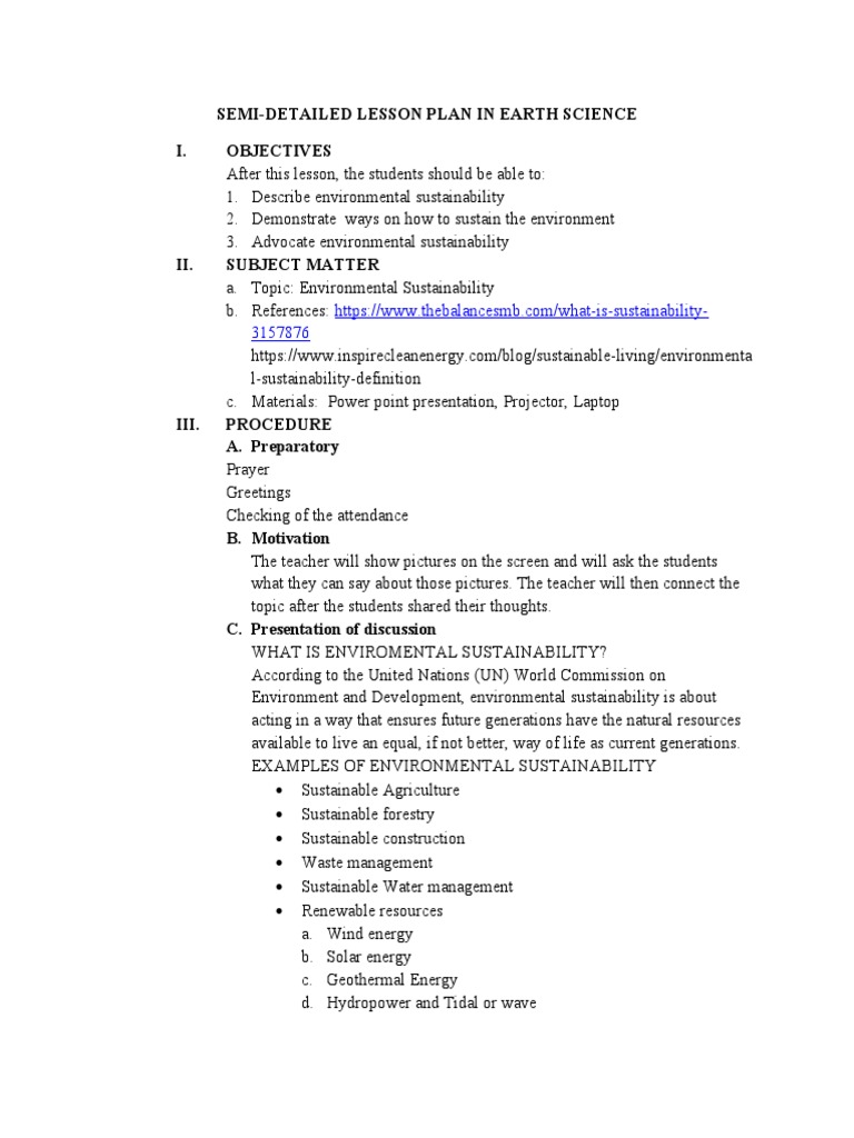 Environmental Sustainability Lesson Plan | PDF | Sustainability ...