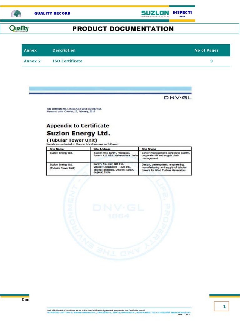 Upcoming ISO Certificate Renewal for Suzlon Group Locations | PDF