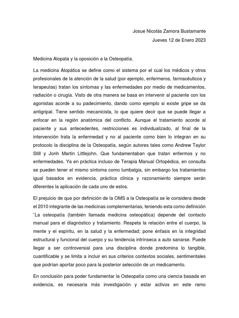 Cuadro Comparativo y Redaccion de La Medicina Alopata A La Osteopatia ...