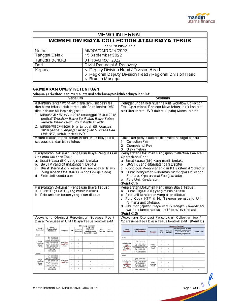 MI - 006 - RMRC - IX - 2022 Workflow Biaya Collection Atau Biaya Tebus Kepada Pihak Ke-3 | PDF