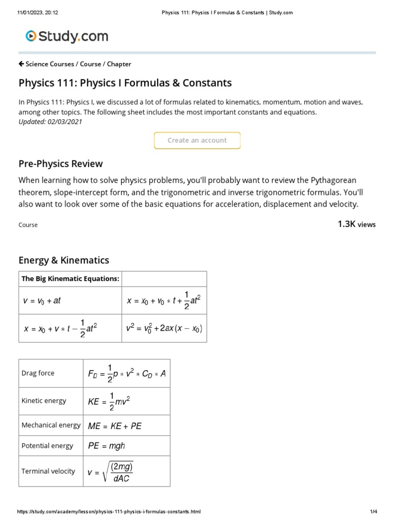 Physics 111 - Physics I Formulas & Constants | PDF | Newton's Laws Of Motion | Force