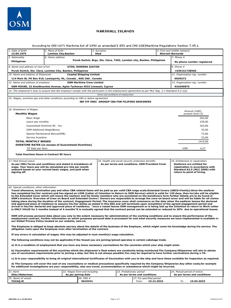 Seafarer Employment Agreement Details | PDF | Computer Security | Security