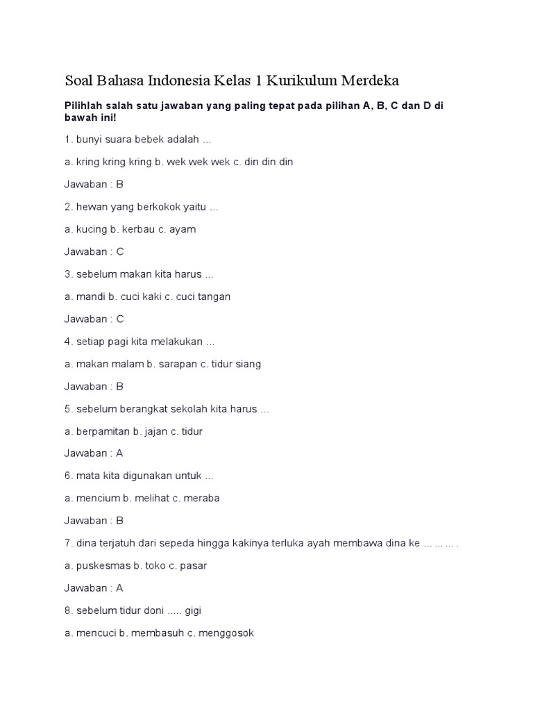 Soal Bahasa Indonesia Kelas 1 SD | PDF