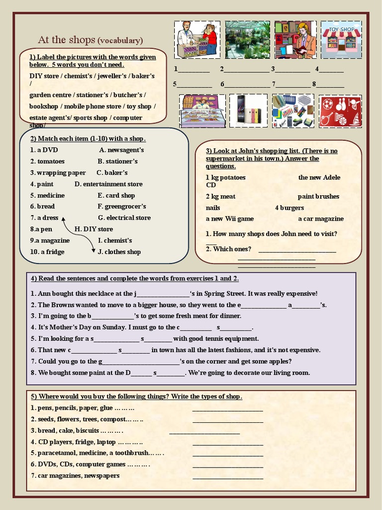 At The Shops Vocabulary Information Gap Activities Picture Dictionaries ...