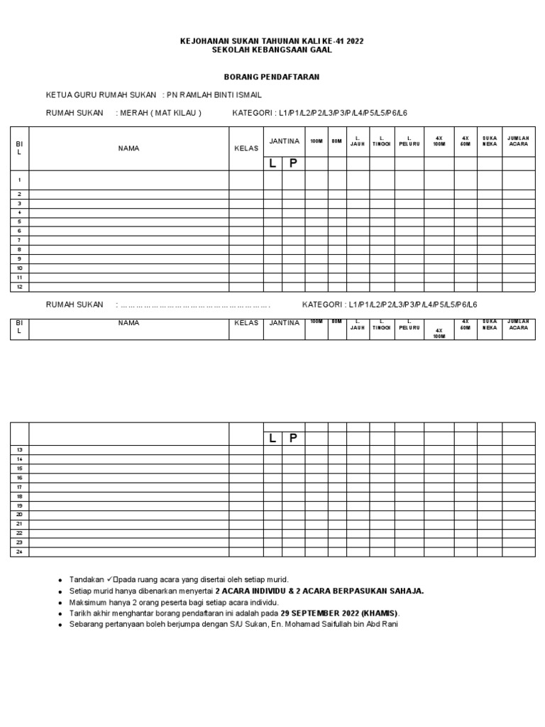 Borang Pendaftaran Sukan Tahunan Sekolah 2022 | PDF