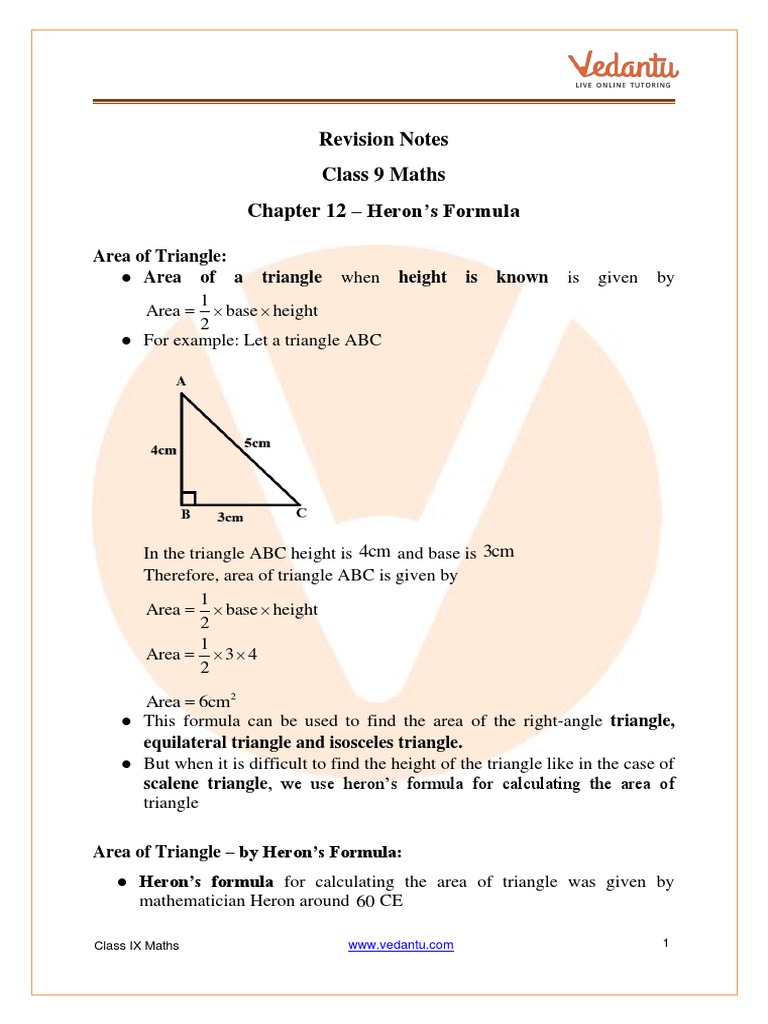 Class 9 Revision Notes Herons Formula Pdf Area Triangle