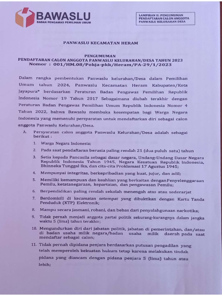 Panwaslu Distrik Heram, Pengumuman Pendaftaran Calon Anggota Panwaslu ... Panwaslu Distrik Heram, Pengumuman Pendaftaran Calon Anggota Panwaslu ...
