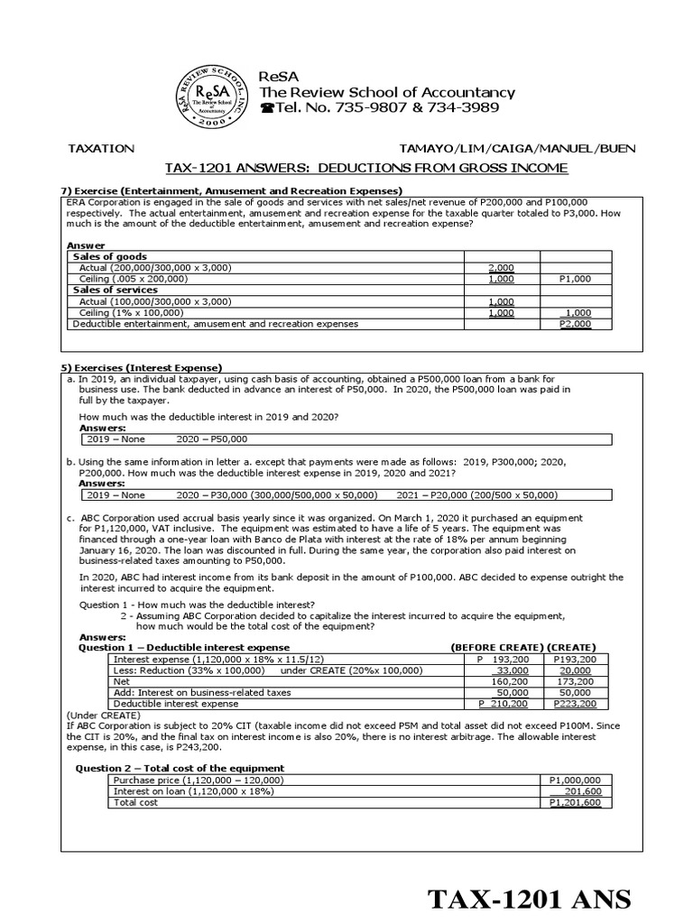 TAX 1201 Answers Deductions From Gross Income | PDF | Tax Deduction | Gross Income