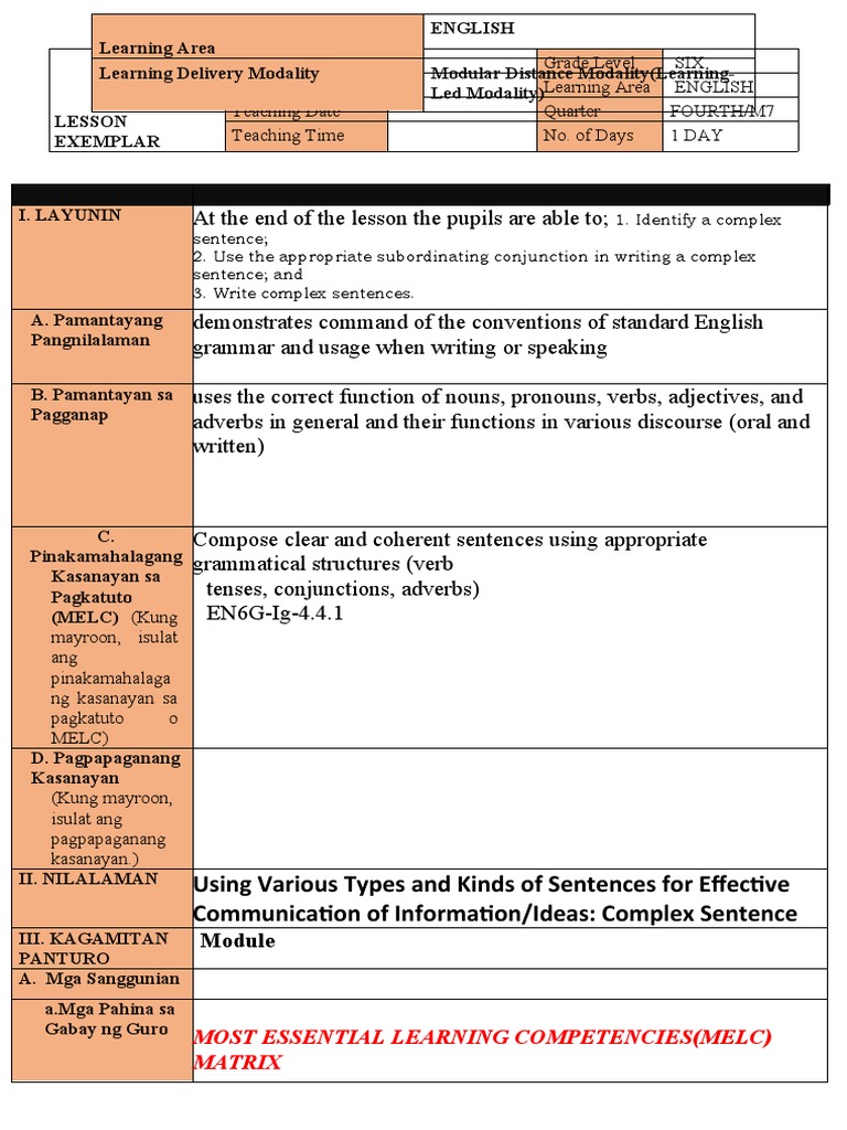 Cot English 6 M 7 q4 | PDF | English Language | Sentence (Linguistics)