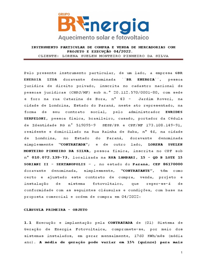Contrato Fotovoltaico Jorge Sertanopolis | PDF | Economias