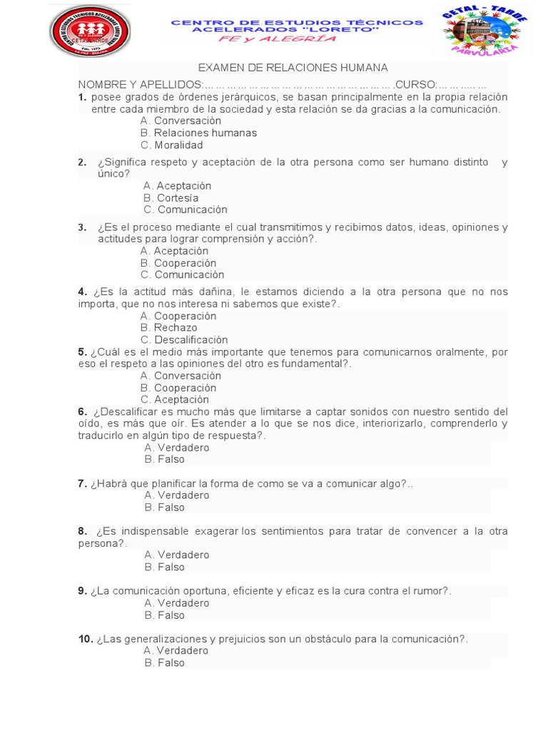 Examen de Relaciones Humana | PDF | Comunicación | Ciencias del ...