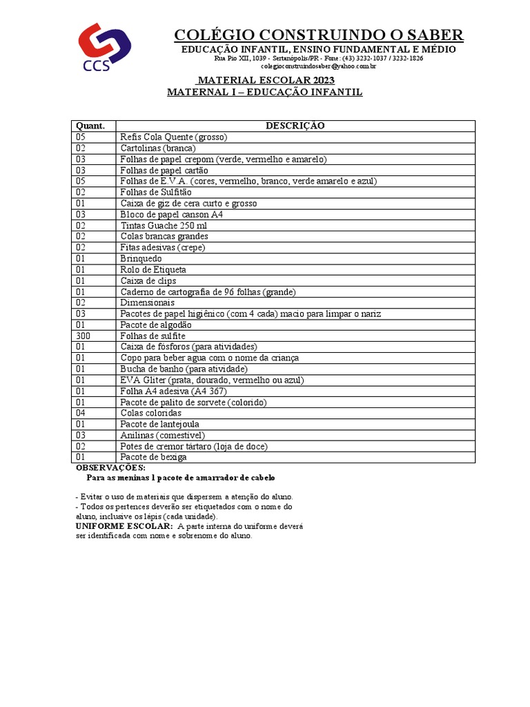 Lista de Material Maternal I - 2023 | PDF