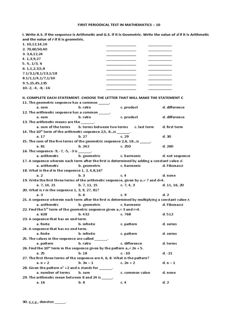 Grade 10 Math Periodic Test: Sequences | PDF | Mean | Sequence