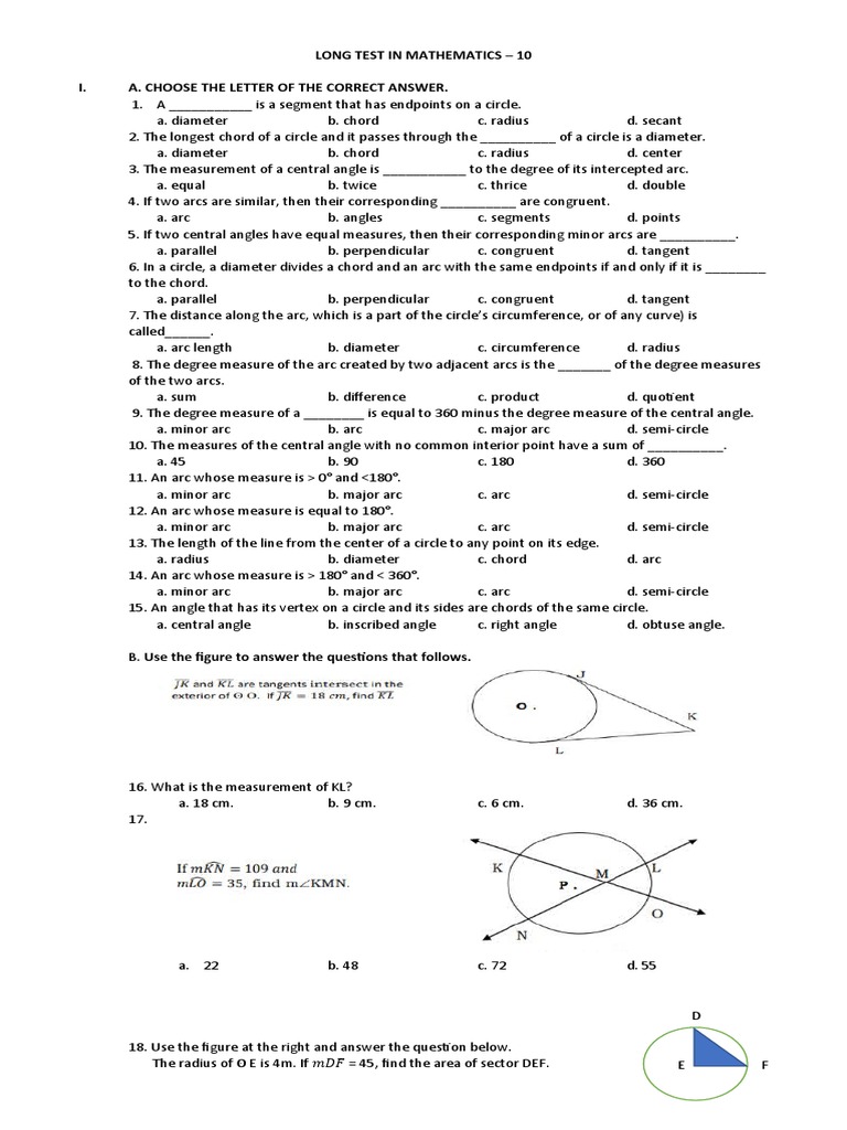 Mathematics Long Test: Circles & Polynomials | PDF | Circle | Angle
