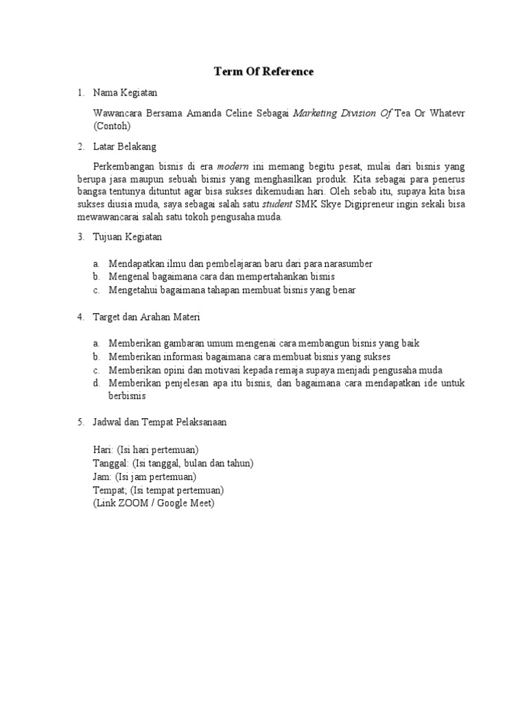 Term of Reference I (Full) (Contoh) | PDF | Karier & Perkembangan | Bisnis