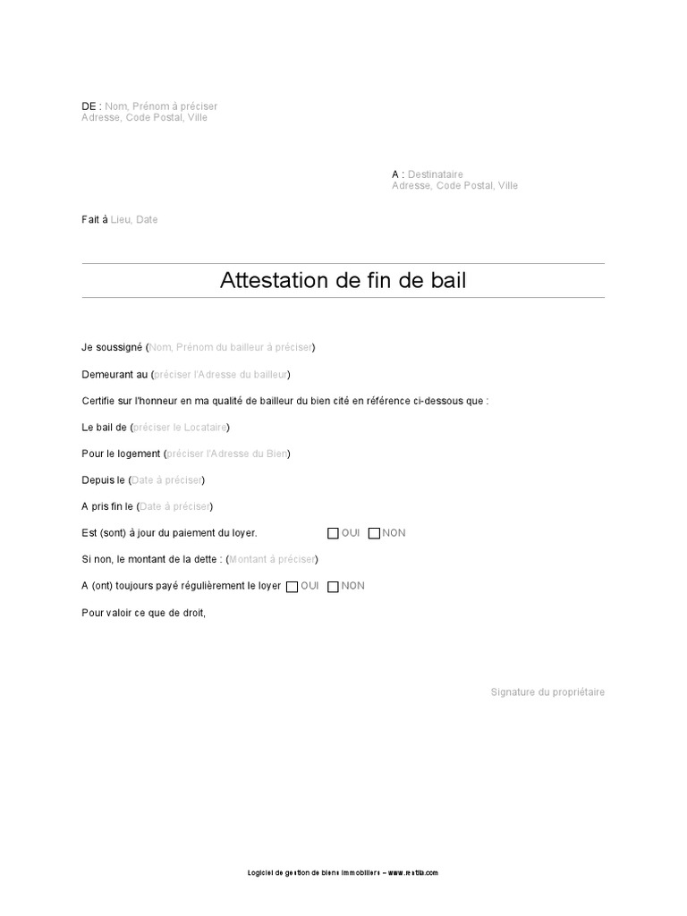 Attestation de Fin de Bail | PDF