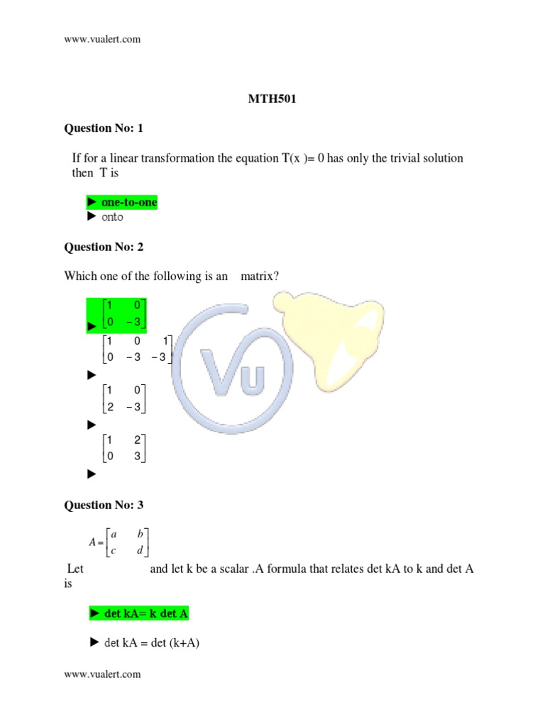 MTH501 Linear Algebra Exercises | PDF | Matrix (Mathematics) | Determinant