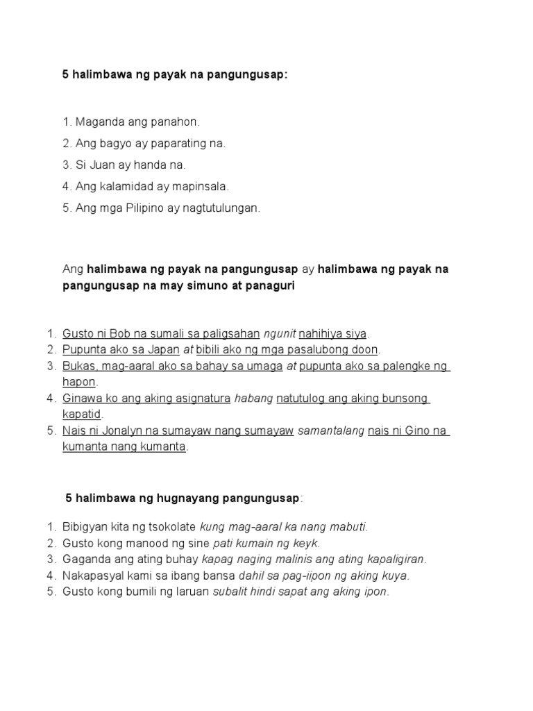 5 Halimbawa NG Payak Na Pangungusap | PDF