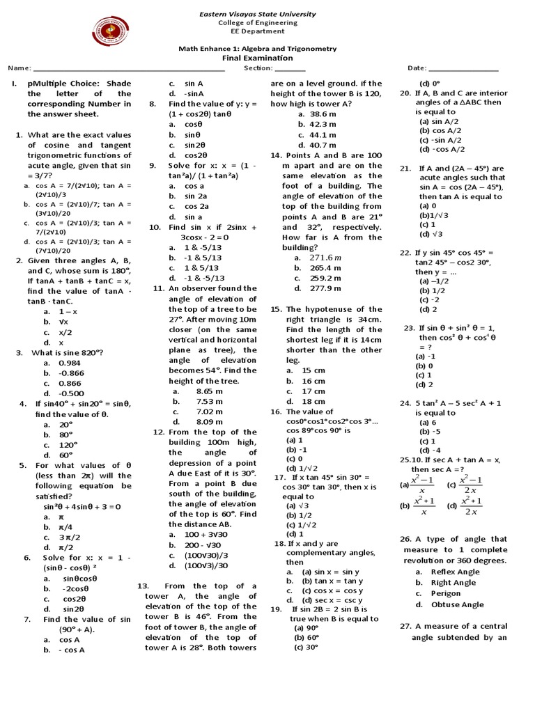 Math Enhance (Trigonometry) Exam | PDF | Triangle | Trigonometric Functions